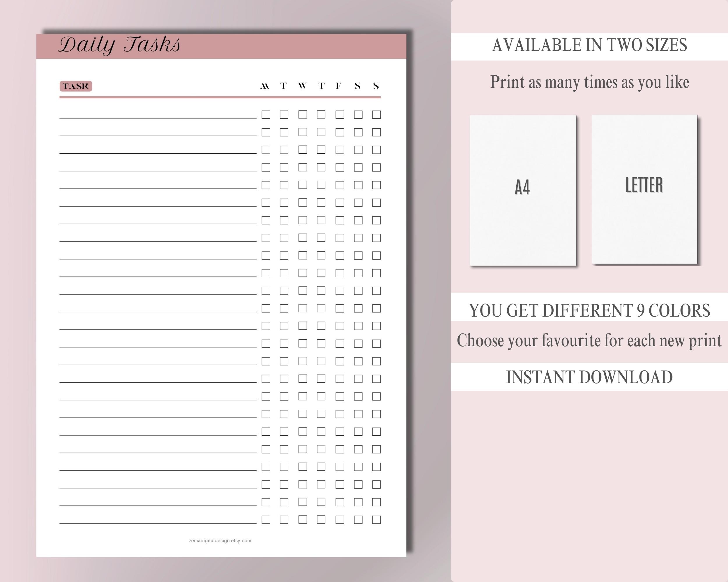Daily Weekly Tasks Template Printable & Fillable Simple Task Checklist ...
