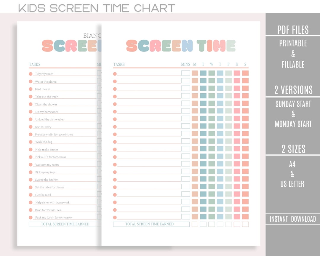 Editable Screen Time Checklist for Kids Printable Screen Time Rules ...