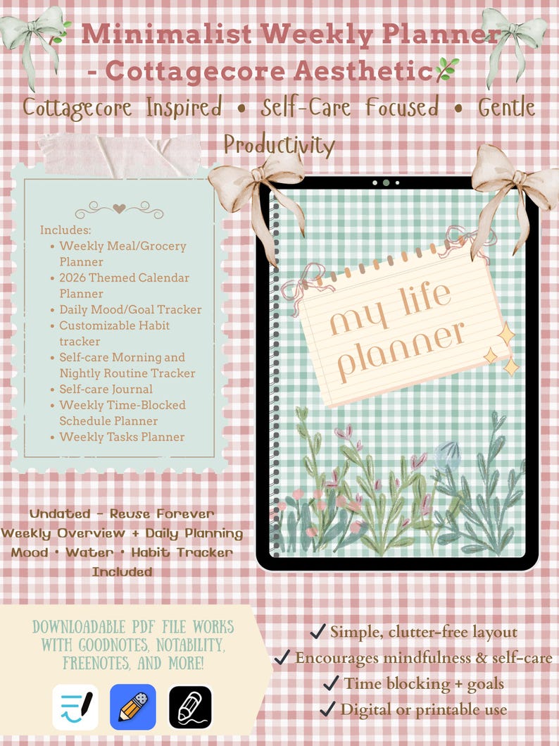 Cottagecore Digital Planner 2026: Self-care & Productivity (PDF ...