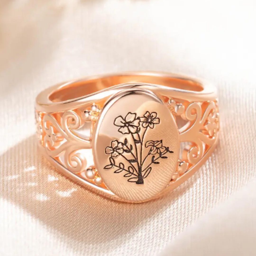 Customized Birth Flower Ring, Engraved Birthmonth Family Ring, Sterling ...