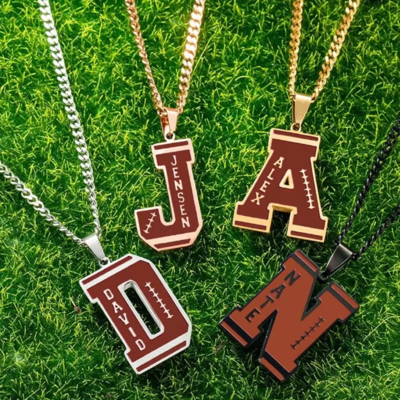 Custom Initial & Number Football Necklace, Personalized Sports Jewelry ...