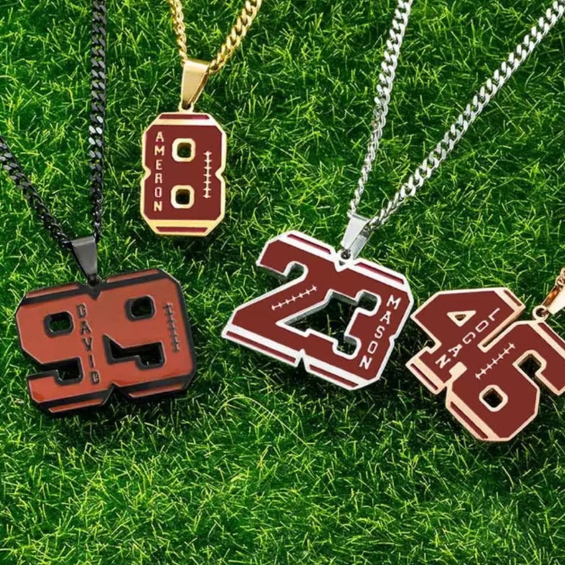 Custom Initial & Number Football Necklace, Personalized Sports Jewelry ...