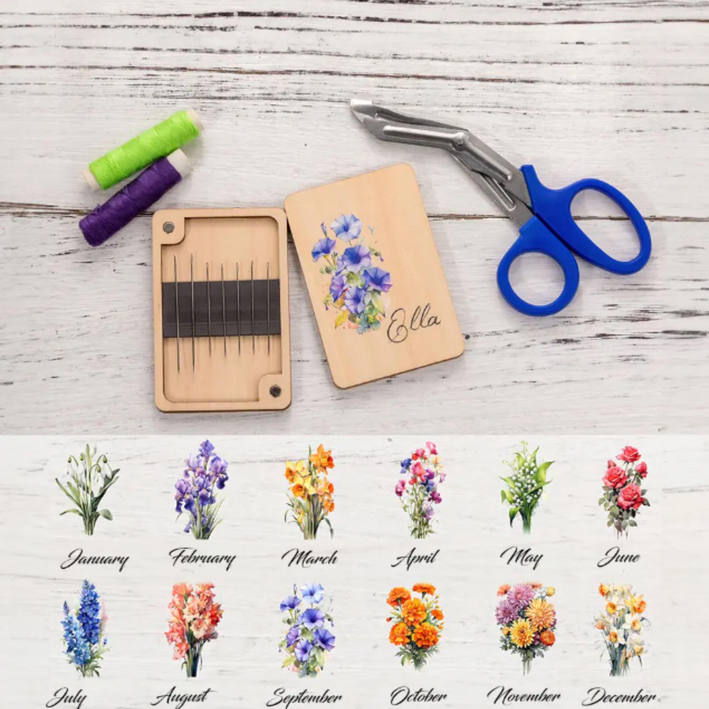 Personalized Birth Flower Wooden Needle Box, Custom Name Embroidery ...