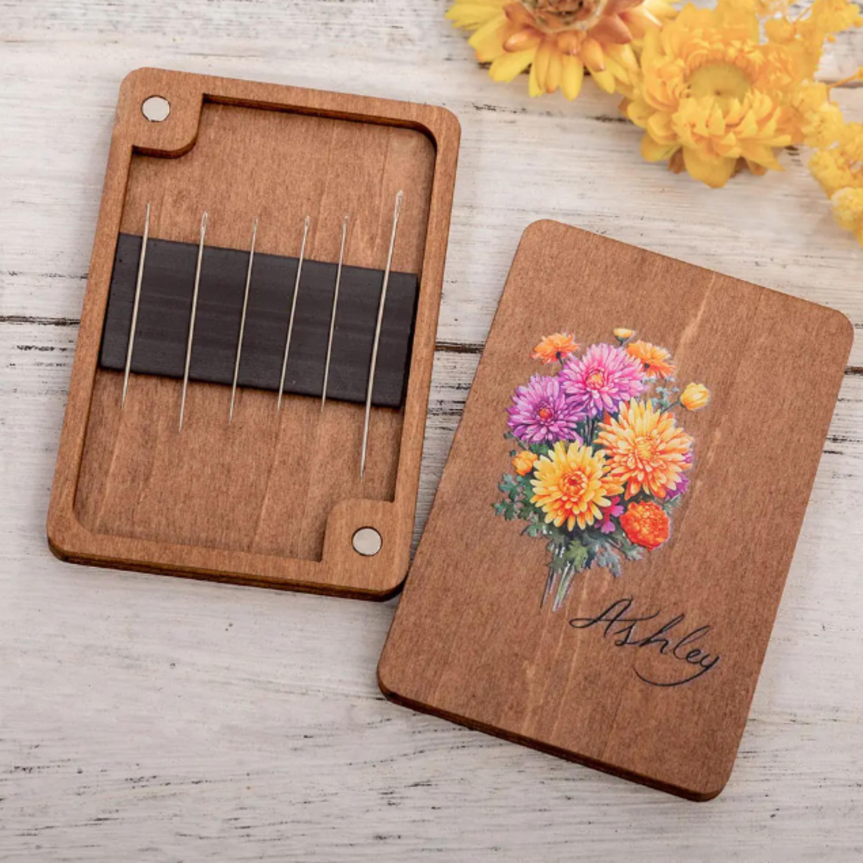 Personalized Birth Flower Wooden Needle Box, Custom Name Embroidery ...