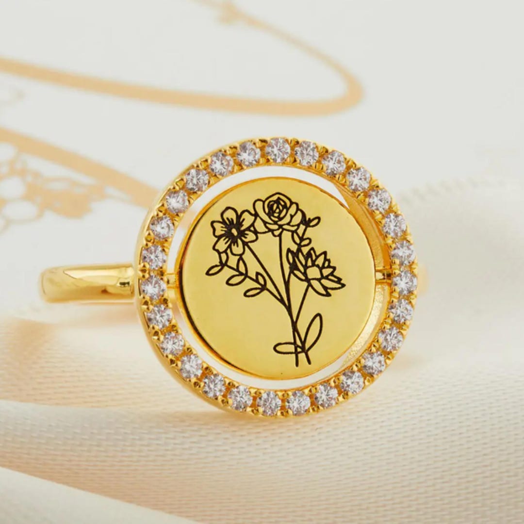 Personalized Birth Flower Ring With Disc, Custom Birthmonth Jewelry ...