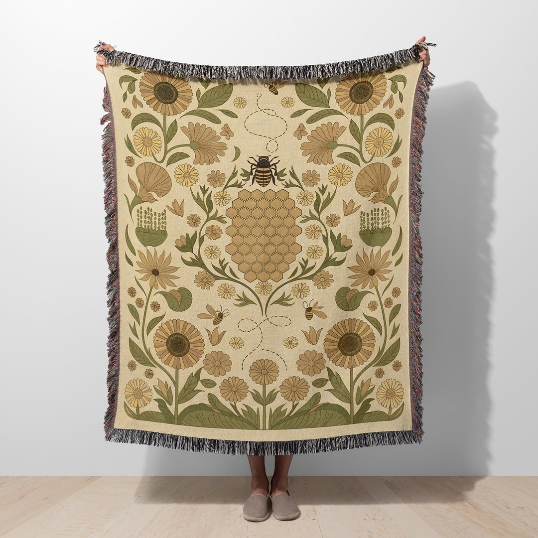 Honey Bee and Sunflowers Cottagecore Woven Blanket, Honeycomb Beehive ...