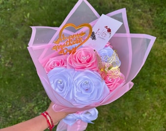 Eternal Rose Bouquet, Ribbon Rose Bouquet, Handmade Fake Flower Bouquet, Rose Bouquet, Ramo ...