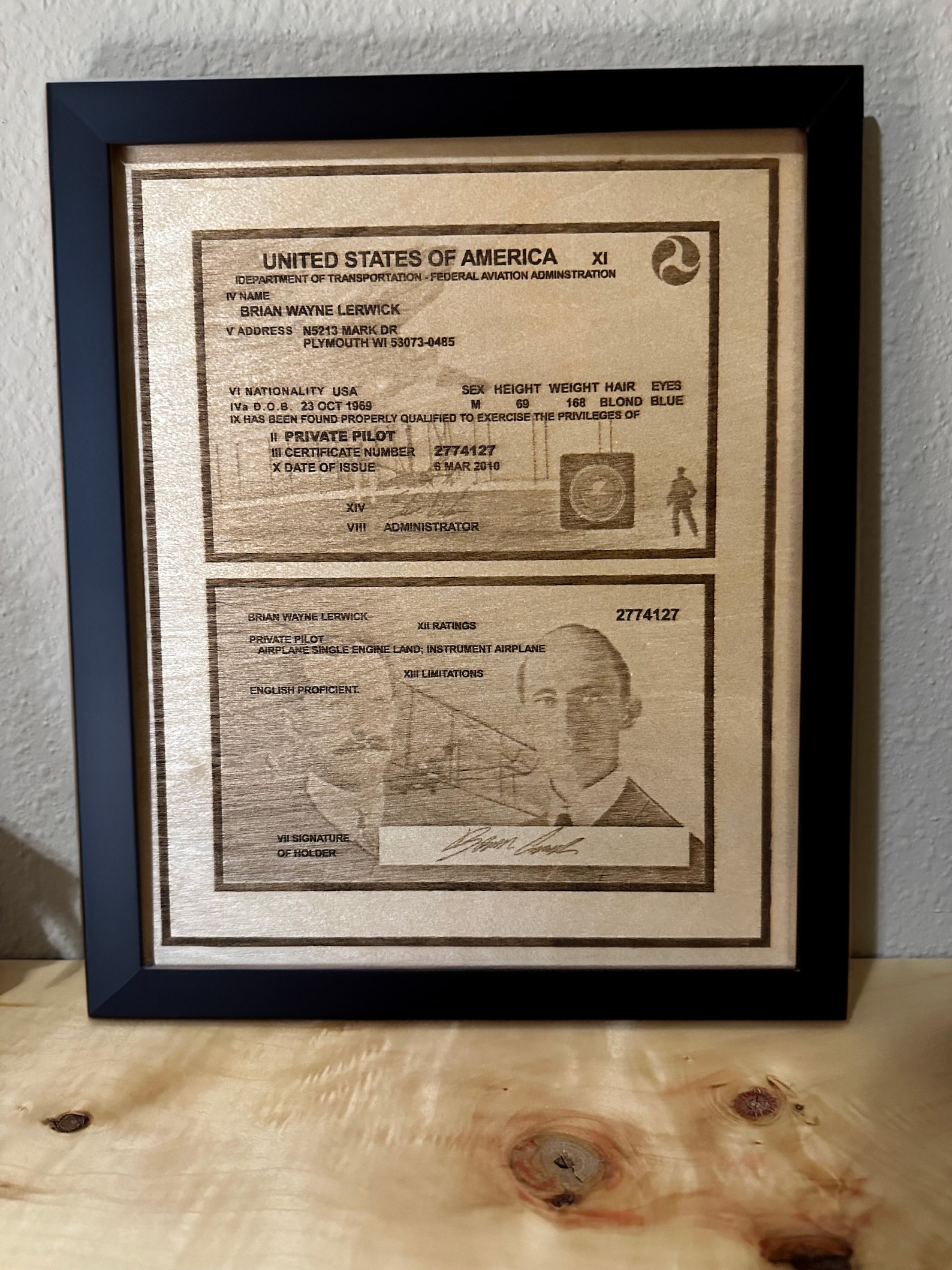 Engraved FAA Pilot Certificate Plaque - Etsy