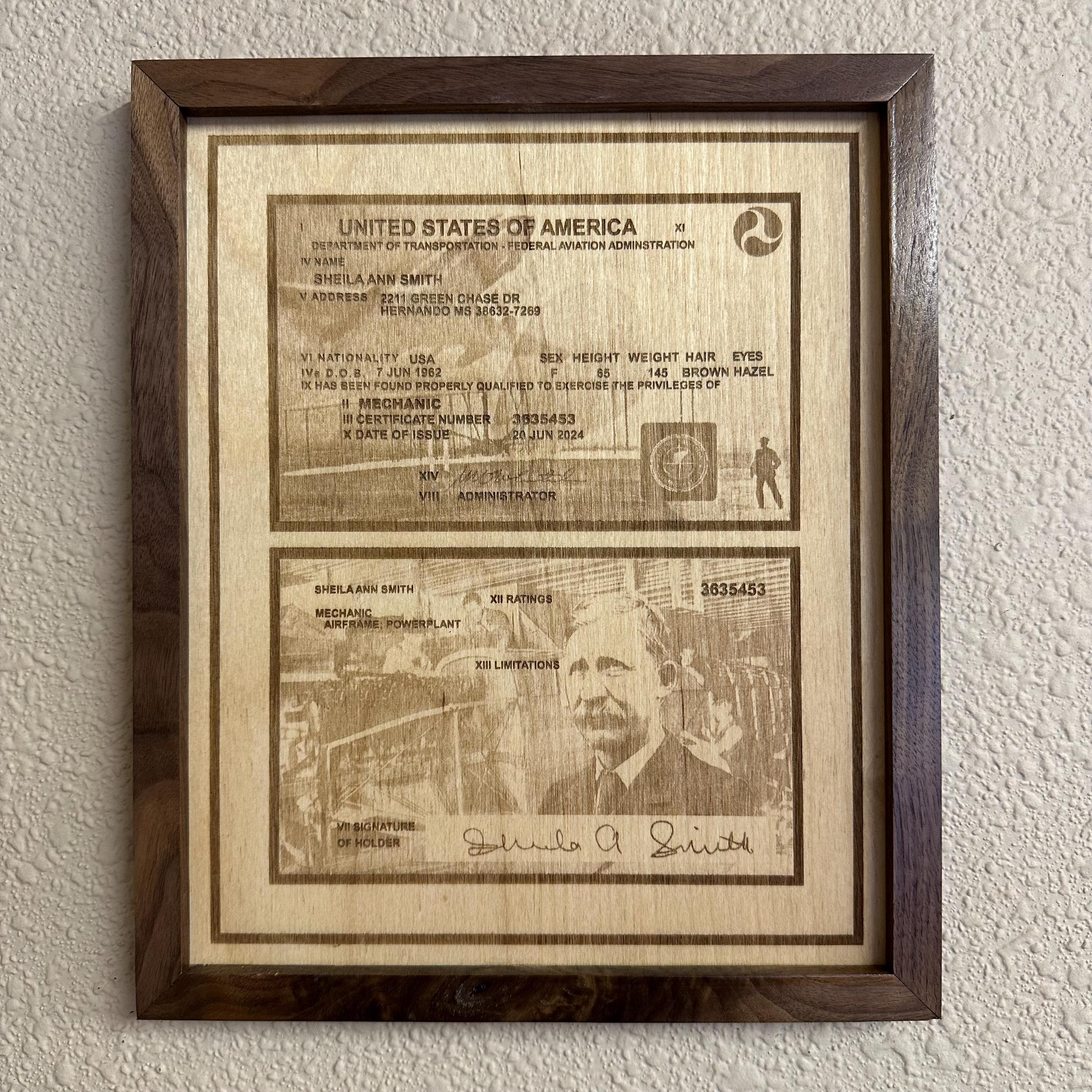 Engraved FAA Mechanics Certificate Plaque - Etsy