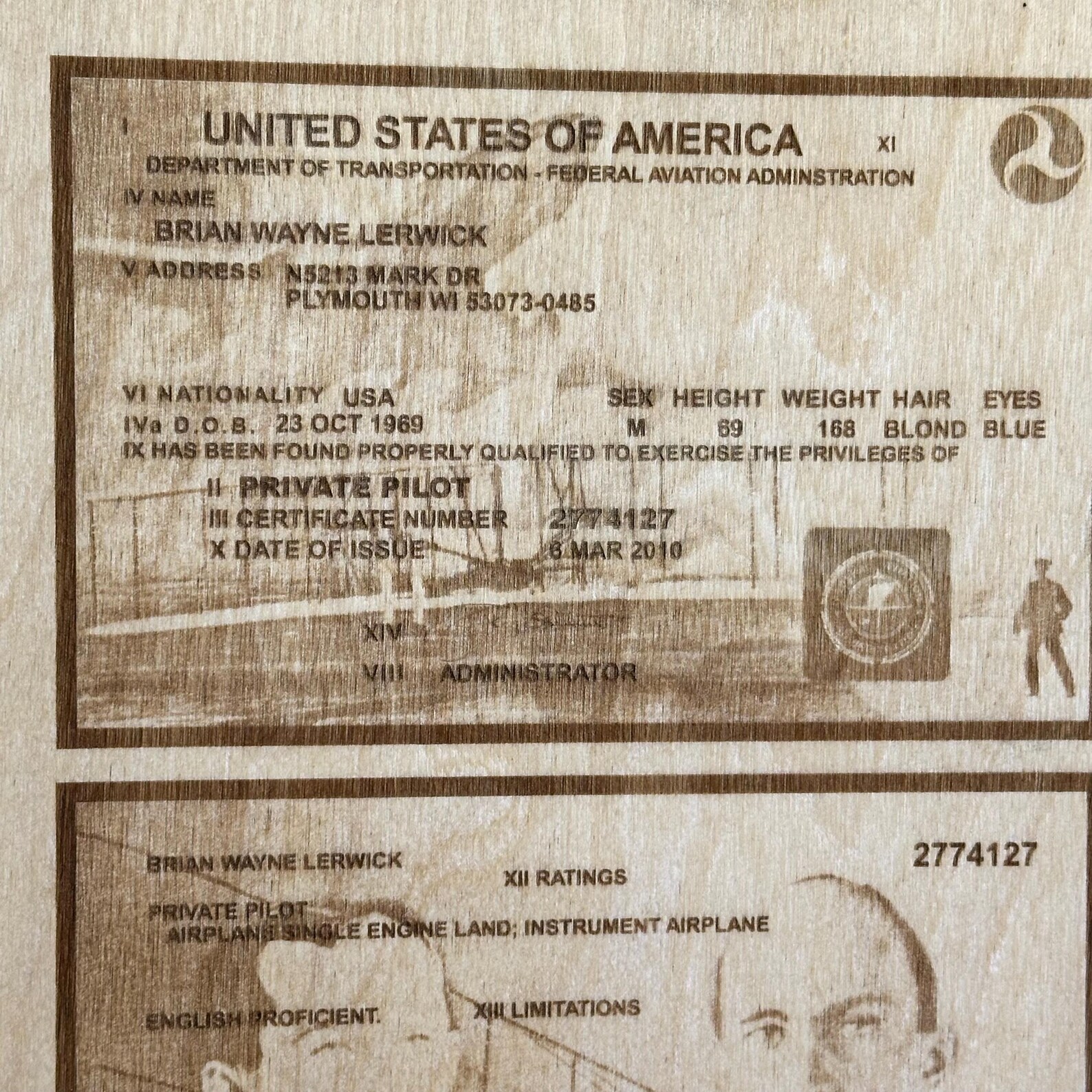 Engraved FAA Pilot Certificate Plaque - Etsy