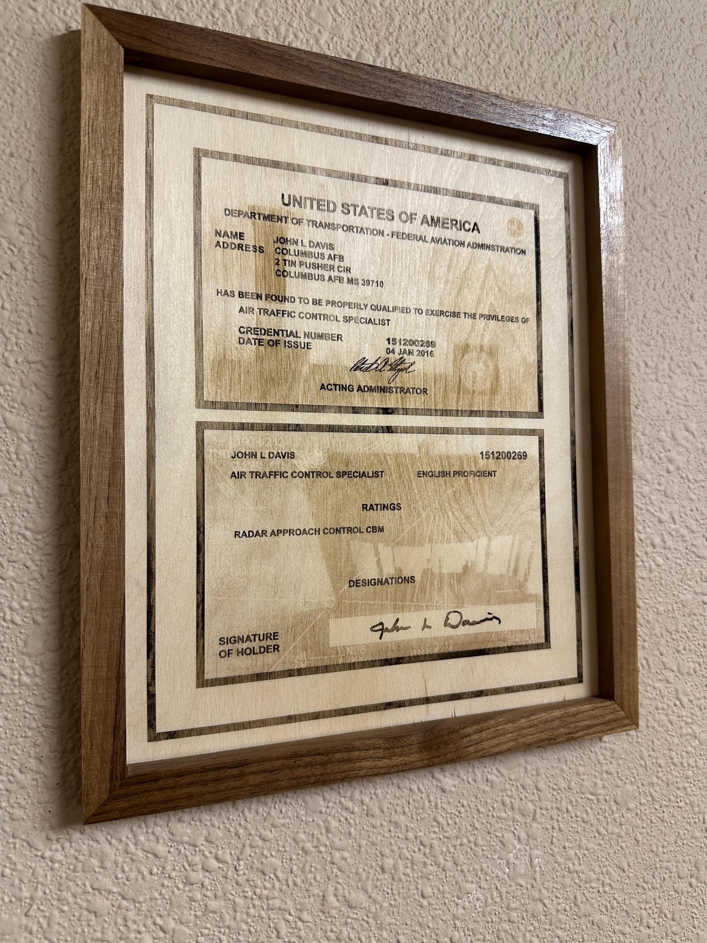 Engraved FAA Air Traffic Controller Certificate Plaque - Etsy