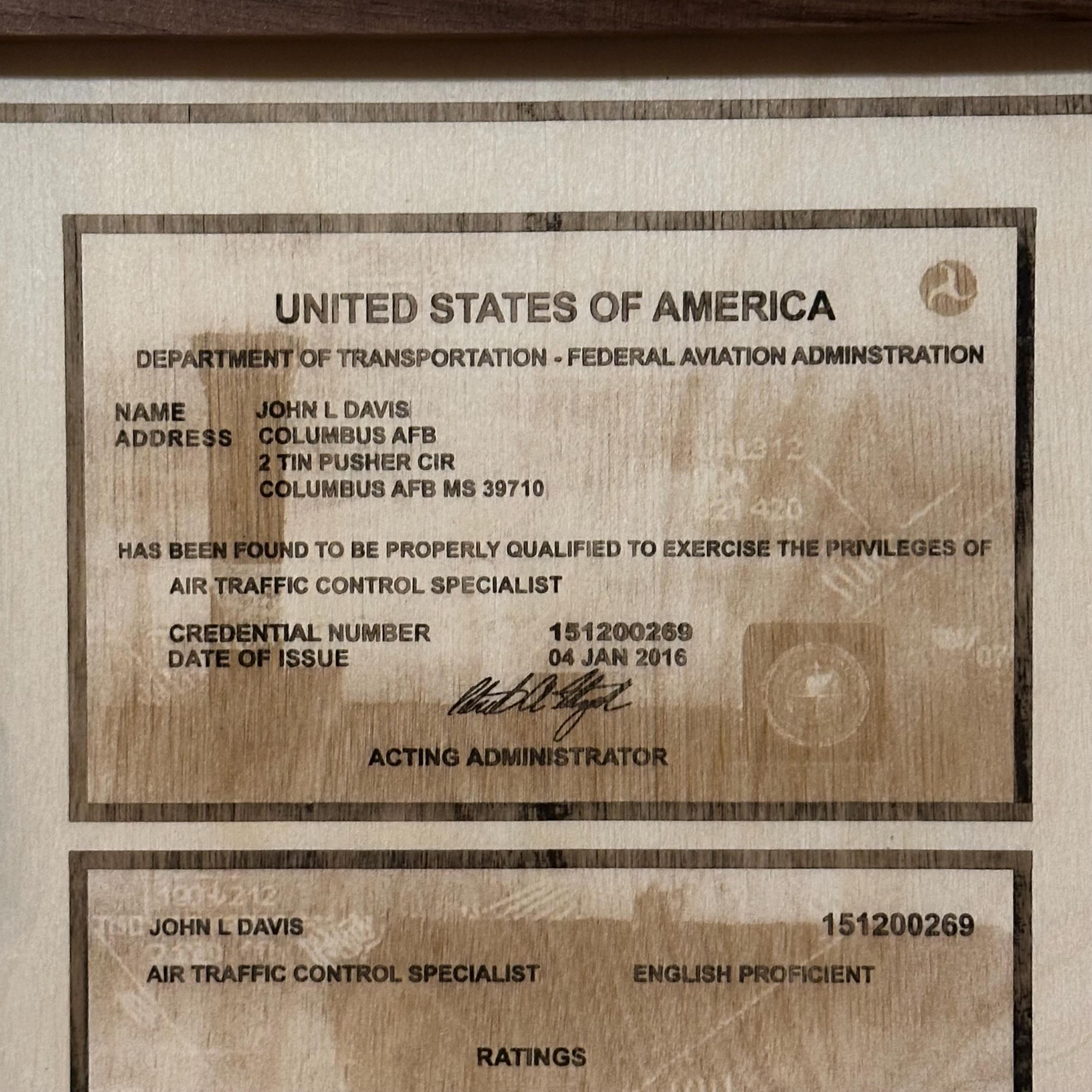 Engraved FAA Air Traffic Controller Certificate Plaque - Etsy