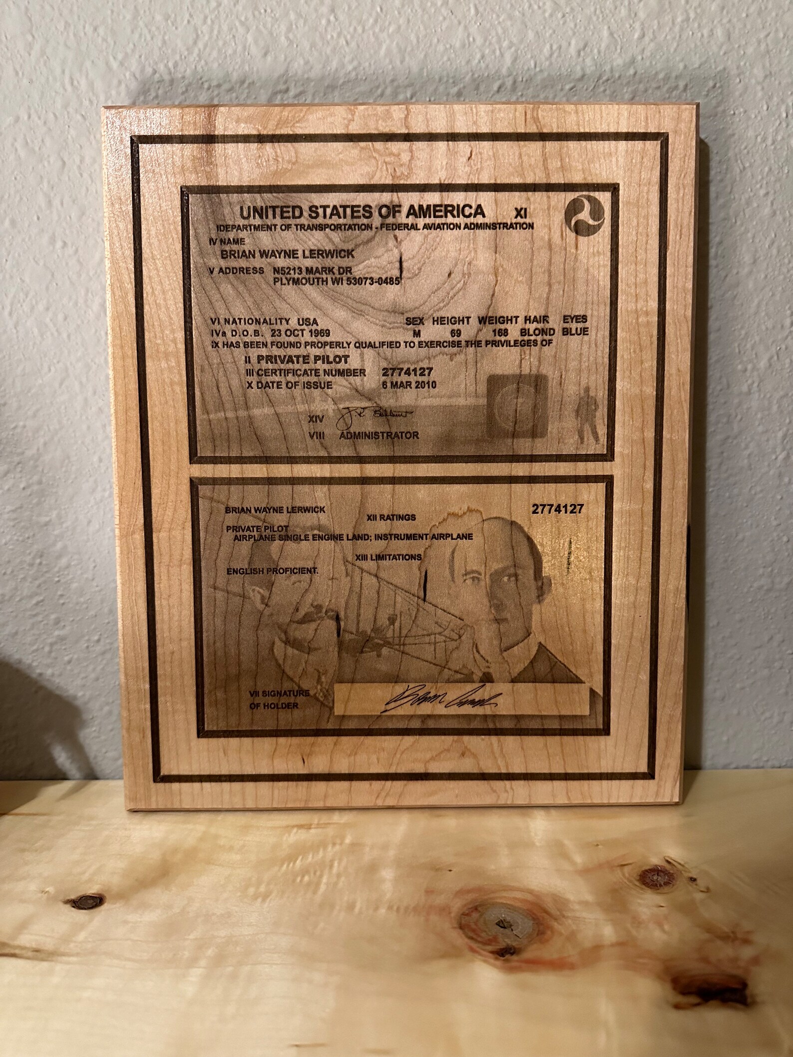 Engraved FAA Pilot Certificate Plaque - Etsy