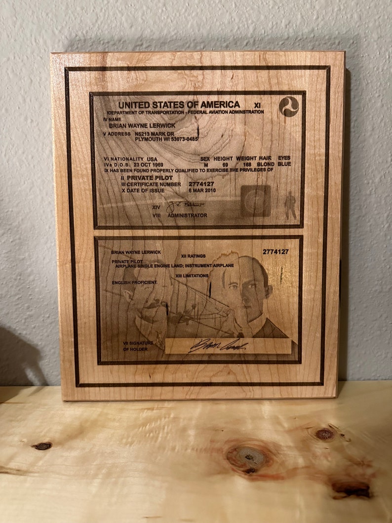 Engraved FAA Pilot Certificate Plaque - Etsy