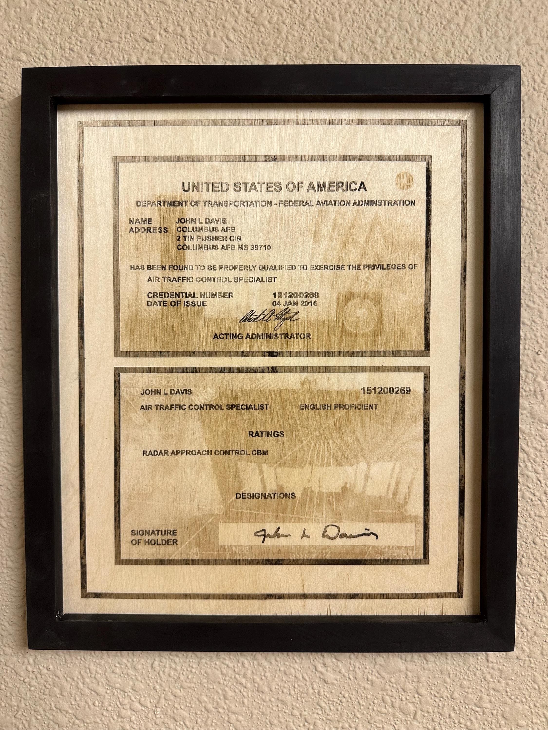 Engraved FAA Air Traffic Controller Certificate Plaque - Etsy