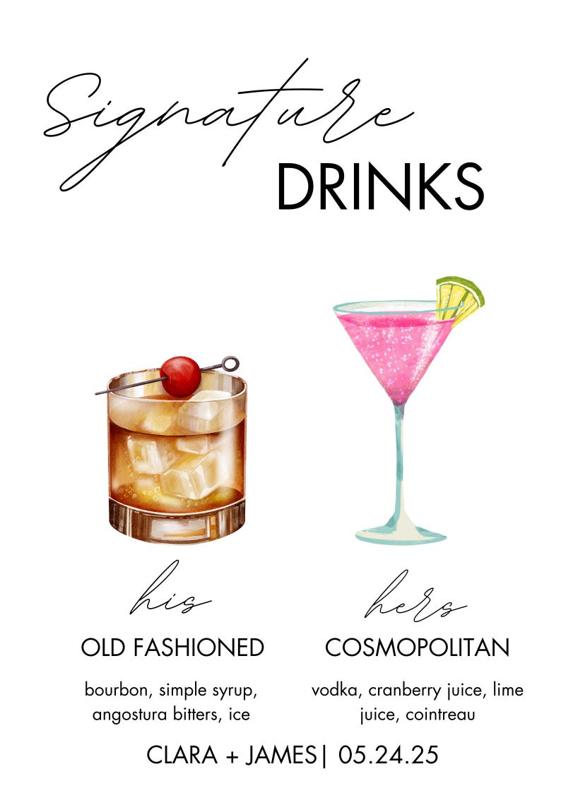 CUSTOMIZABLE Signature Drink Sign, Modern Elegant Bar Drink Sign ...