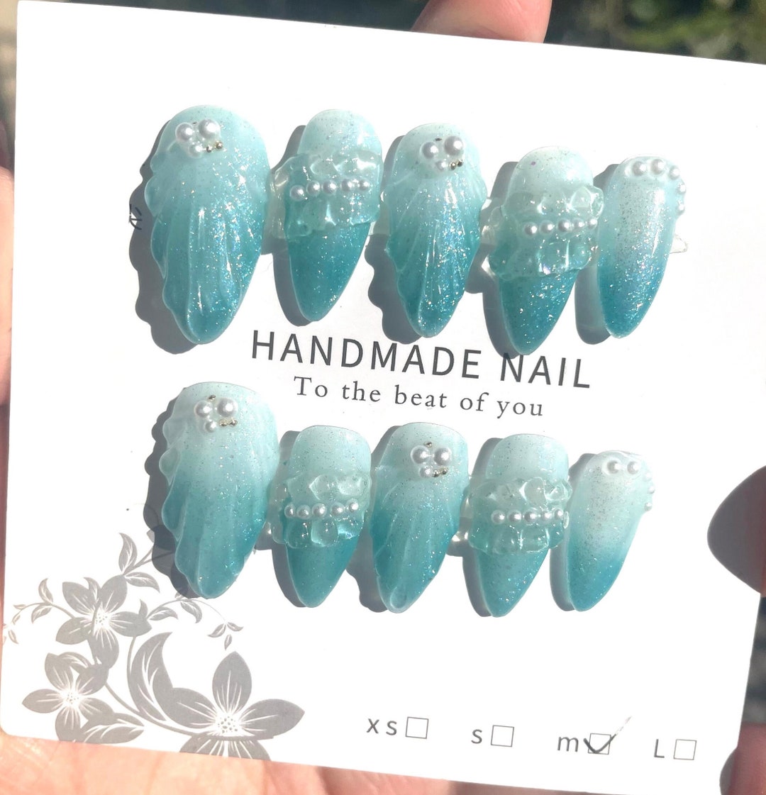 Ocean Breeze Blue Press on Nails With Seashell Design & Pearl Accents ...