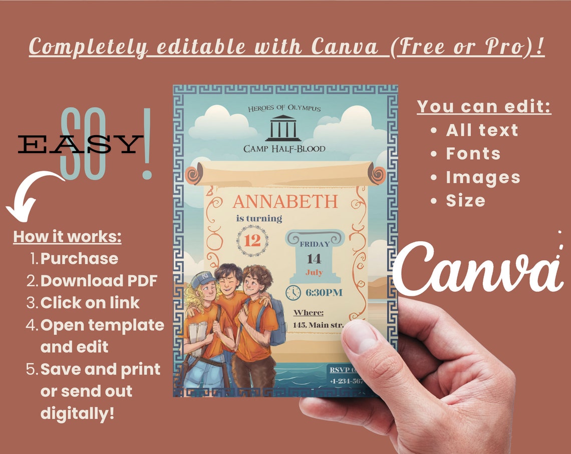 Editable Percy Jackson Birthday Invitation Camp Half-blood Birthday ...