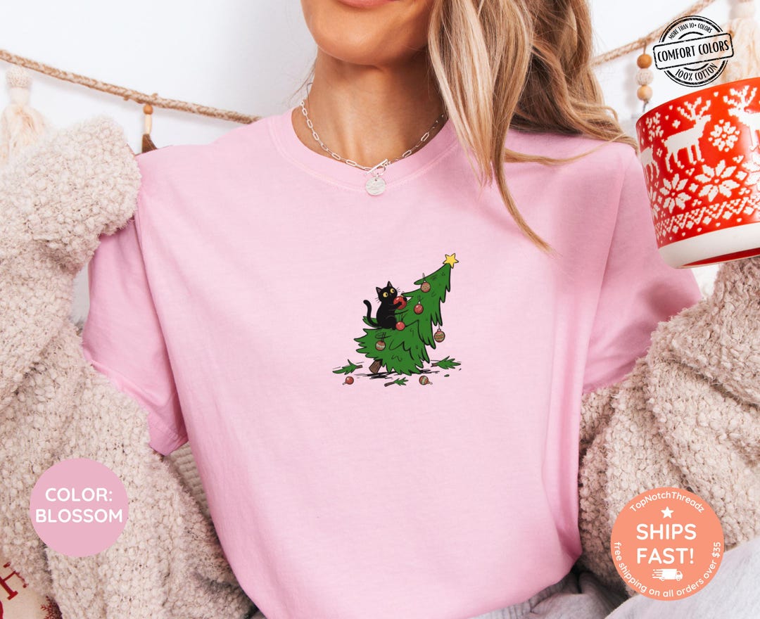 Christmas Tree and Cat Tshirt, Cute Cat on Falling Christmas Tree Shirt ...