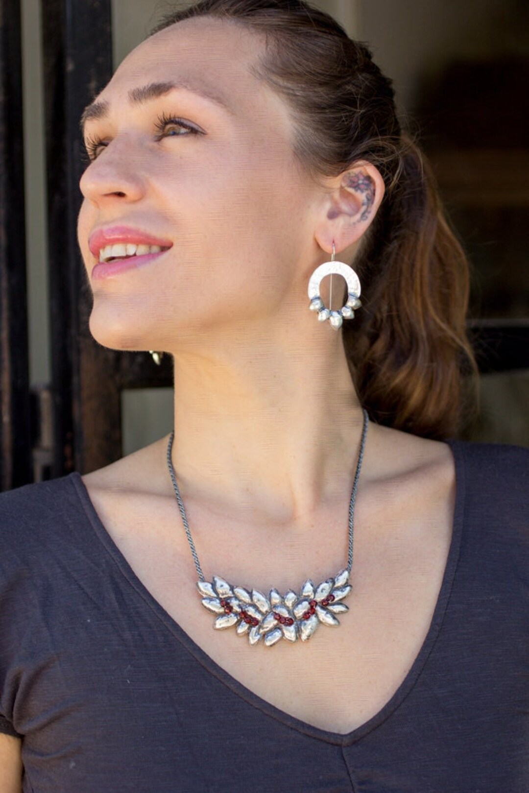 Handmade Beaten Sterling Silver Flower Earrings: Long Bohemian Jewelry ...