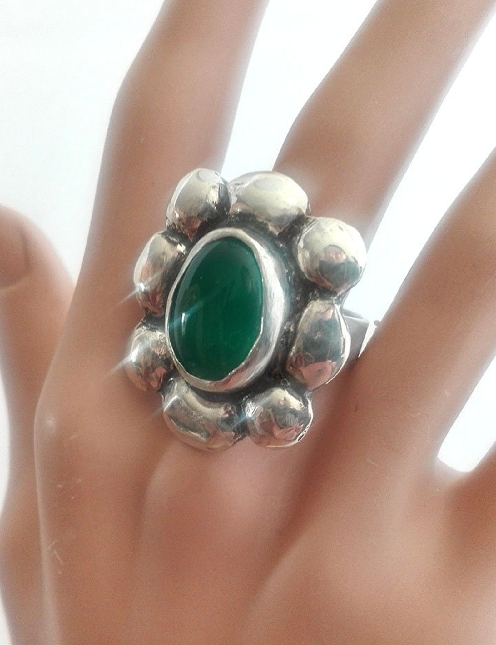 Green Agate Gemstone Silver Flower Ring Statement Jewelry - Etsy