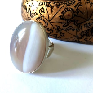 Sterling Silver Ring With Oval Beige and White Agate Stone, Artisan ...