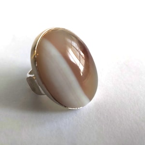 Sterling Silver Ring With Oval Beige and White Agate Stone, Artisan ...