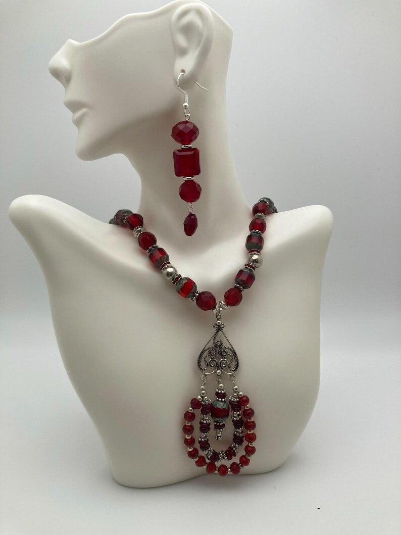 Red and Silver Beaded Necklace With Pendant - Etsy