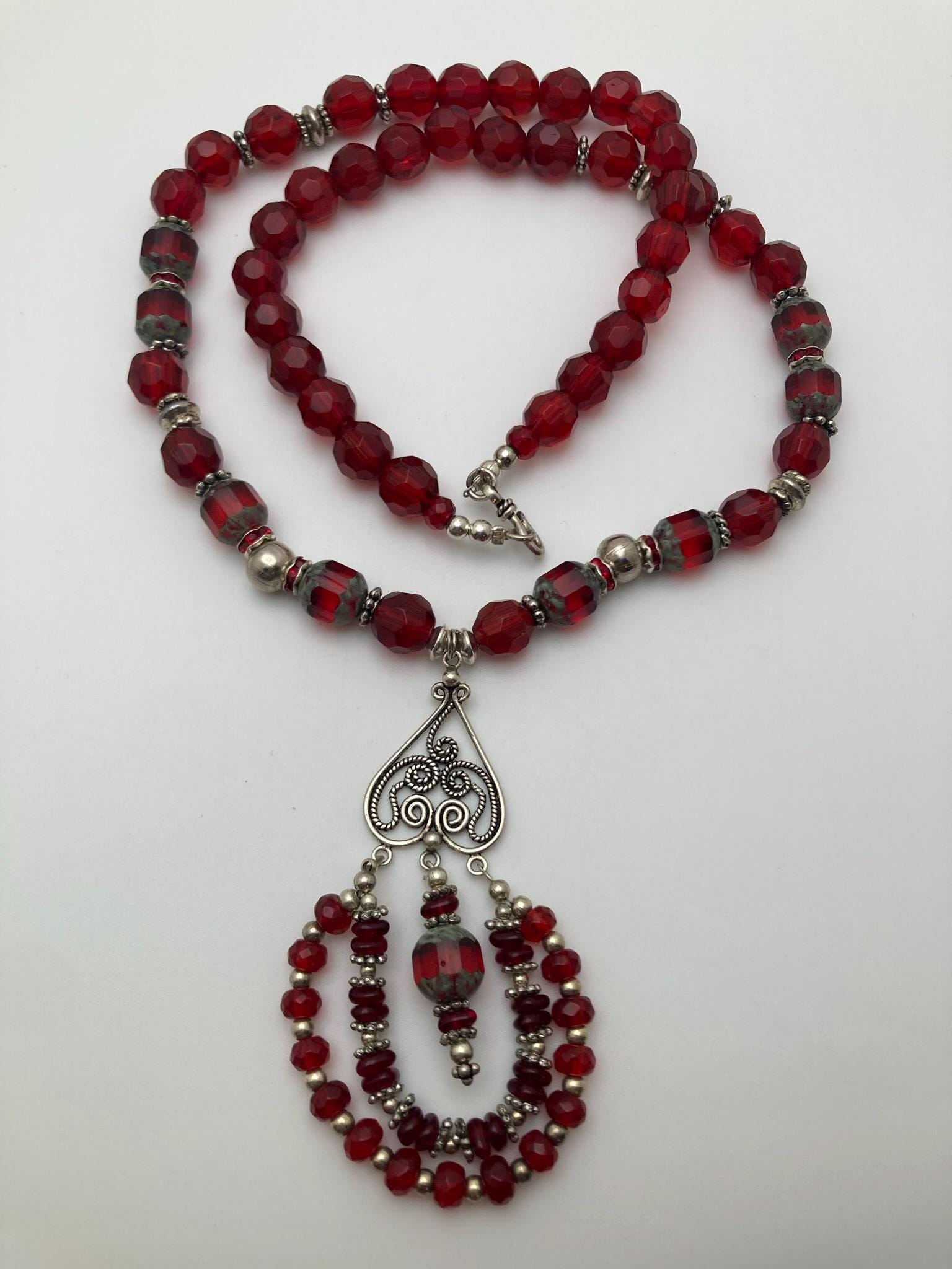 Red and Silver Beaded Necklace With Pendant - Etsy