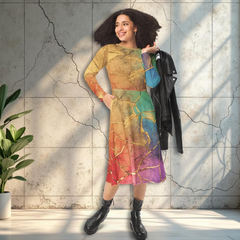 Kintsugi Rainbow Midi Dress | Gold Crackle Art Print | Bold Fit and ...