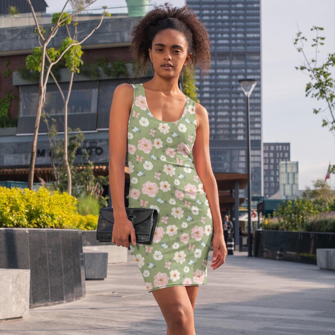 Bodycon Dress | Pastel Floral Print | Sage Green Dress | Handmade ...