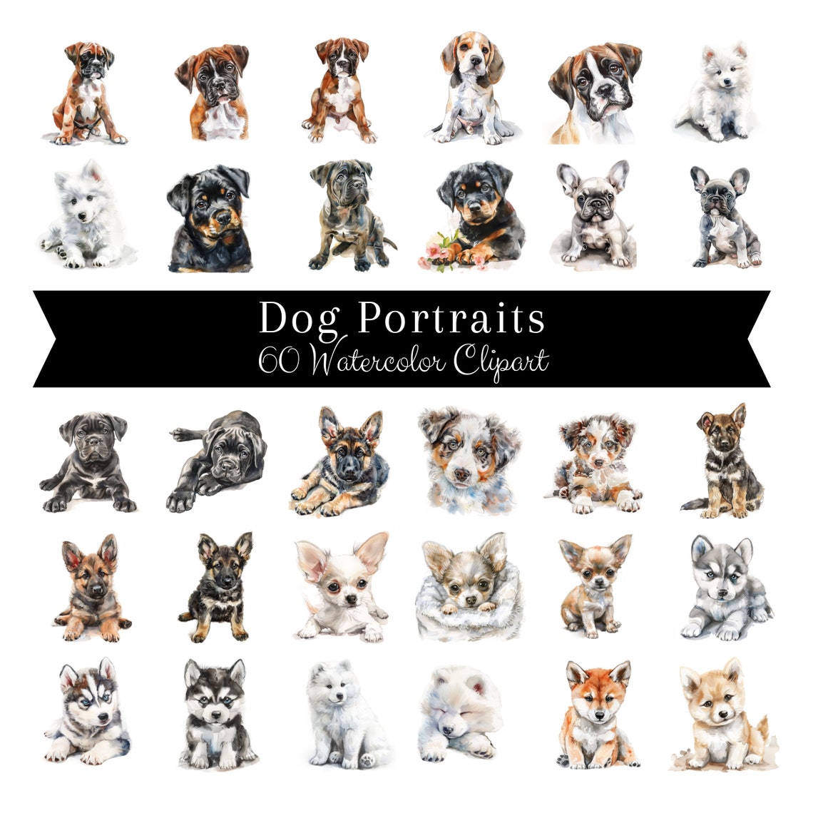 Watercolor Puppy Clipart, 60 Dog Breeds Clipart Bundle, Puppy Dog ...