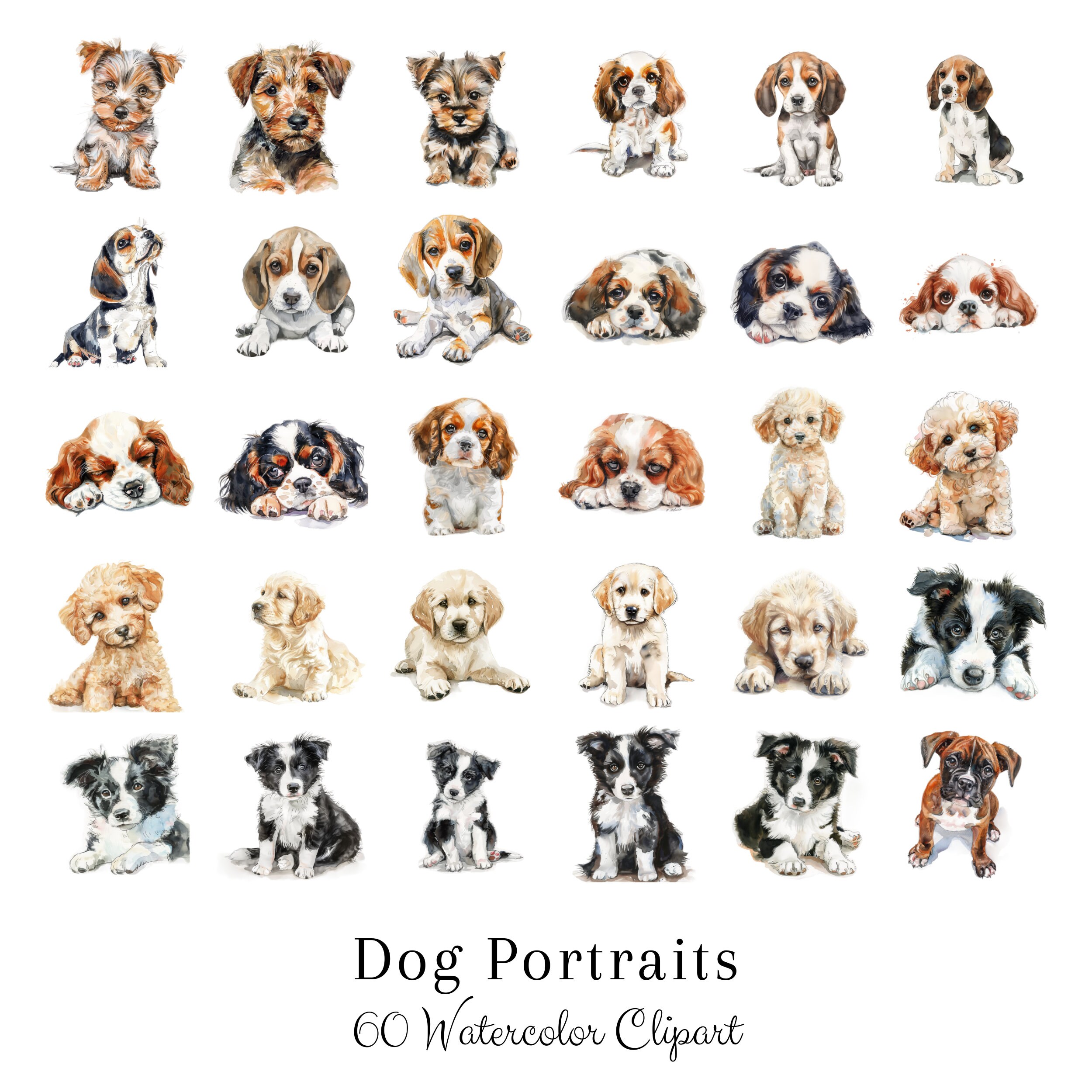 Watercolor Puppy Clipart, 60 Dog Breeds Clipart Bundle, Puppy Dog ...