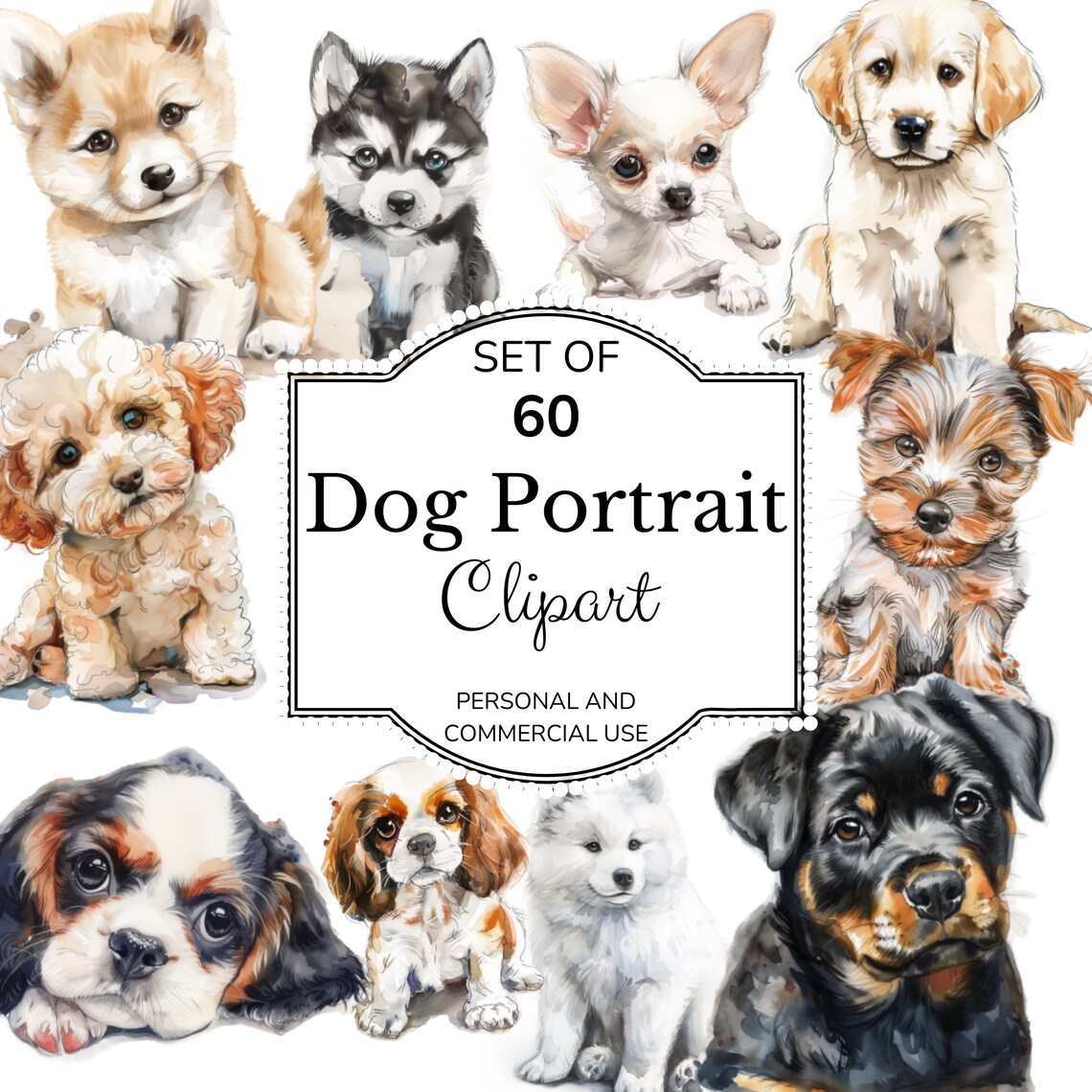 Watercolor Puppy Clipart, 60 Dog Breeds Clipart Bundle, Puppy Dog ...