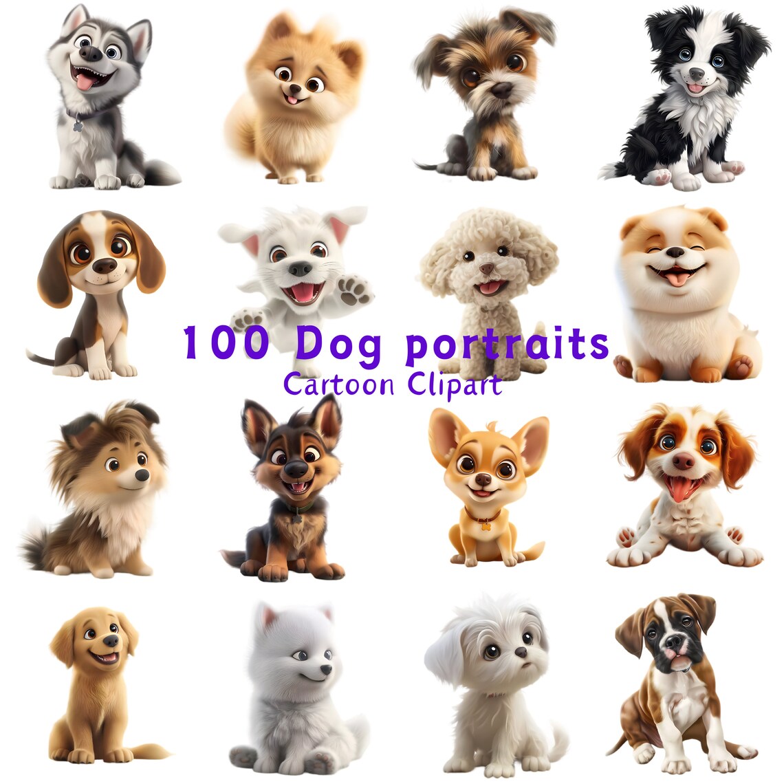 Cartoon Puppy Clipart, 100 Dog Breeds Clipart Bundle, Puppy Dog Clipart ...