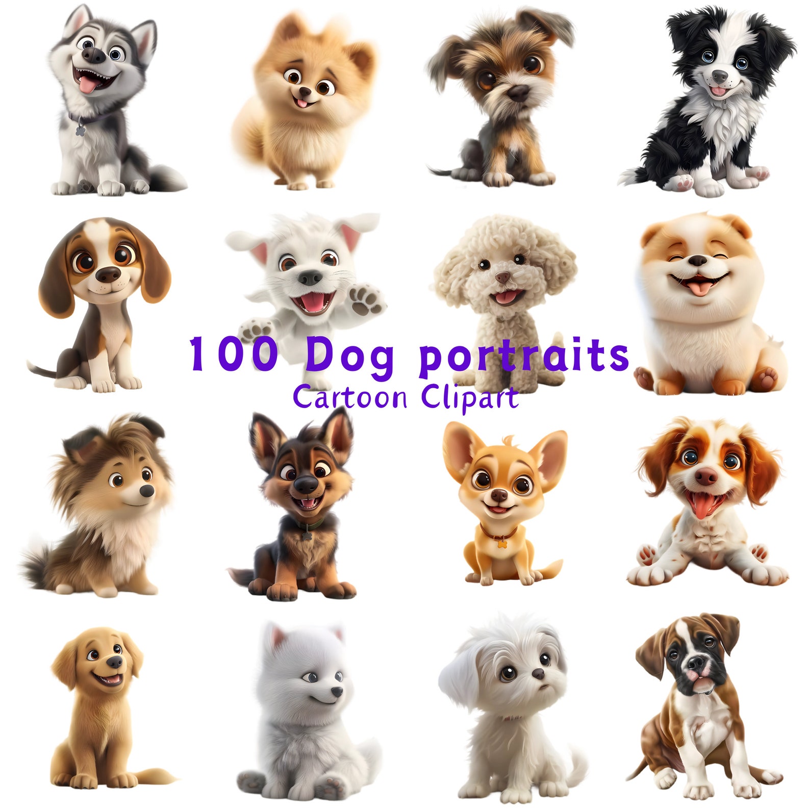 Cartoon Puppy Clipart, 100 Dog Breeds Clipart Bundle, Puppy Dog Clipart ...