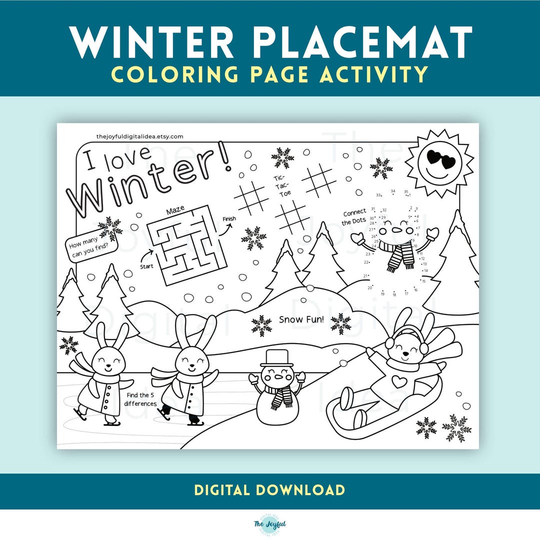 Winter Activity Placemat for Kids, Printable Fun Coloring Page, Quiet ...