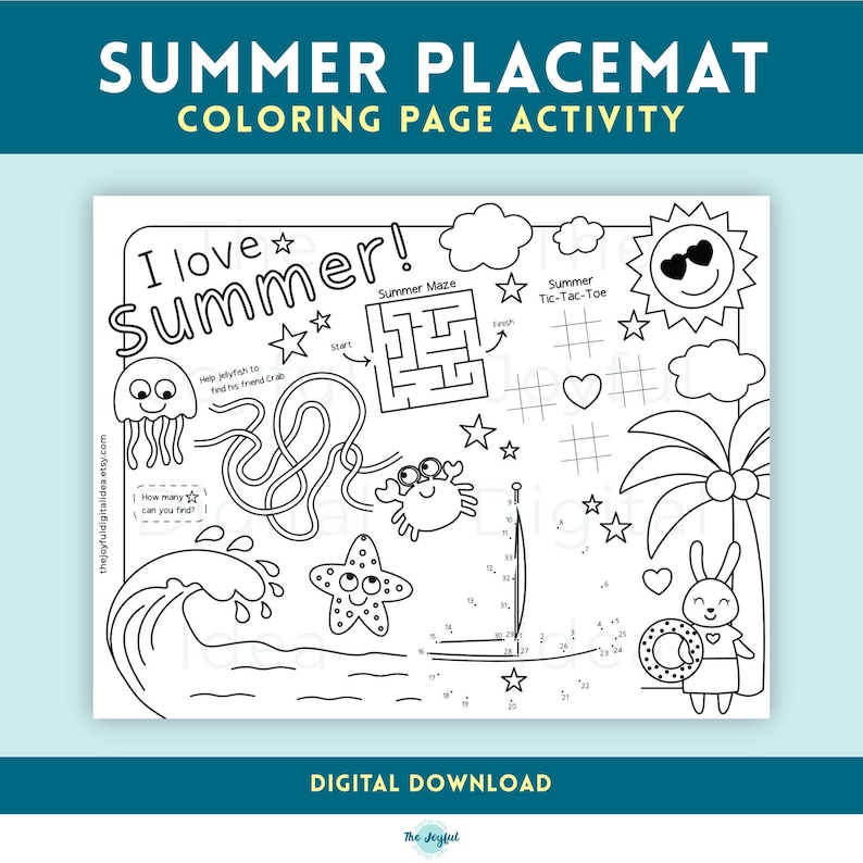 Summer Activity Placemat, Printable Fun Coloring Page, Quiet Activity ...