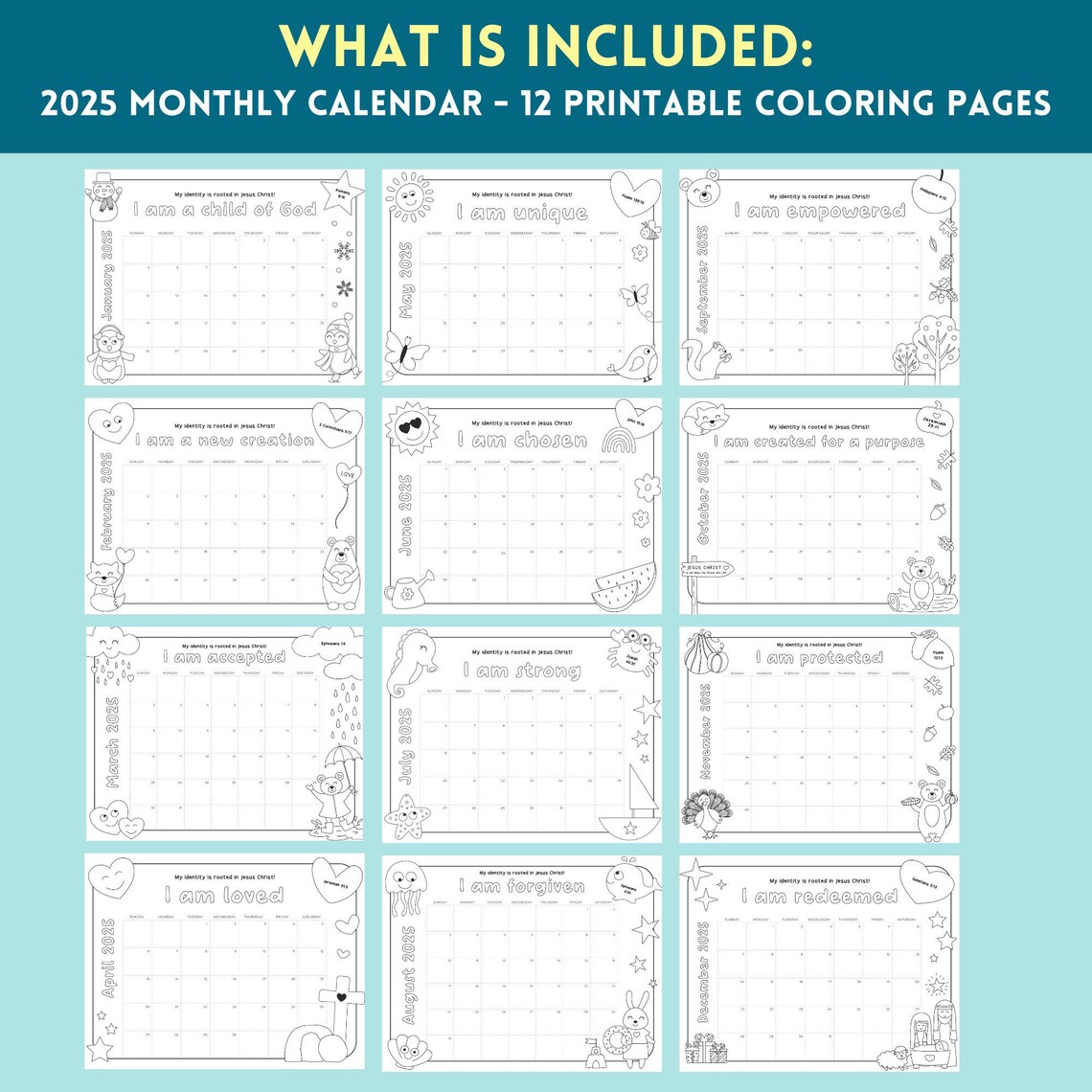 2025 Printable Calendar, Bible Verse Identity in Christ Coloring Pages ...
