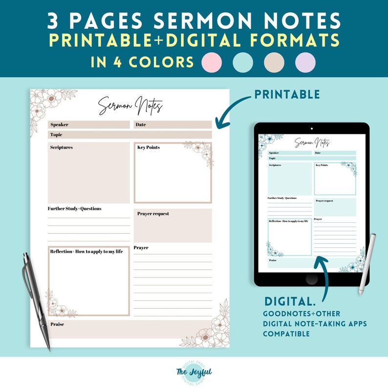 Printable and Digital Sermon Notes, Prayer Devotional Journal and Bible ...