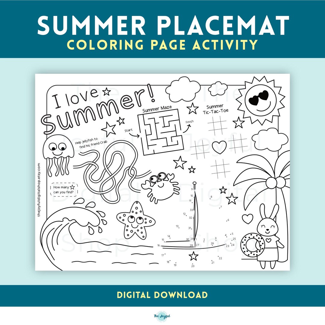 Summer Activity Placemat, Printable Fun Coloring Page, Quiet Activity ...
