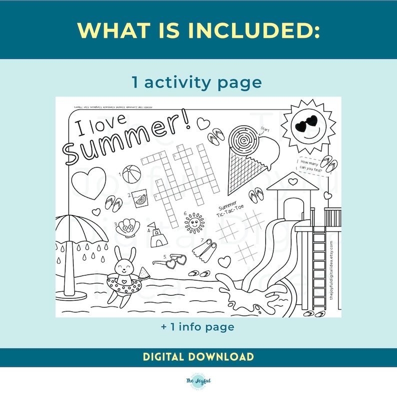 Summer Activity Placemat, Printable Fun Coloring Page, Quiet Activity ...