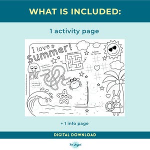 Summer Activity Placemat, Printable Fun Coloring Page, Quiet Activity ...
