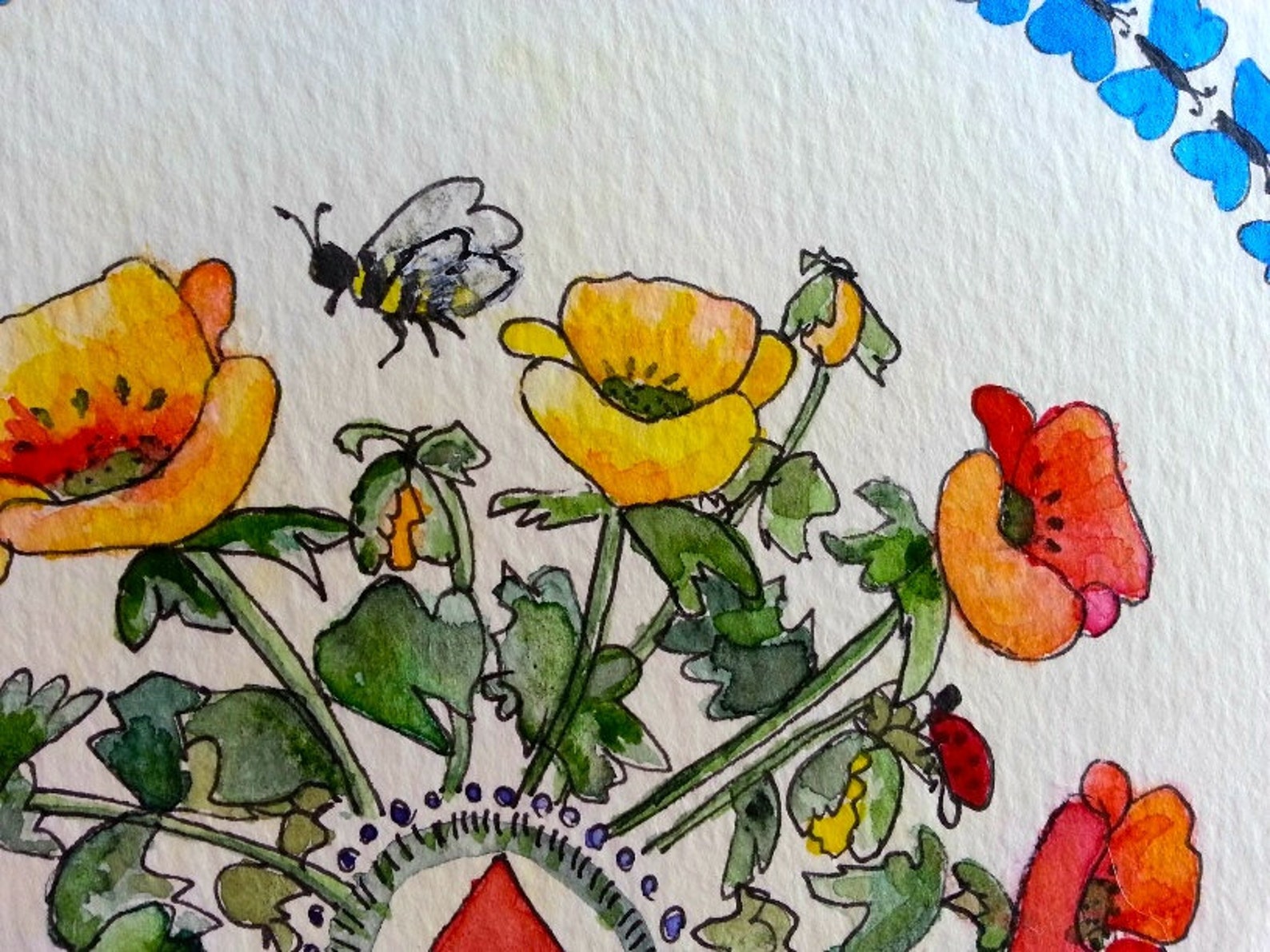 Poppies and Butterflies Mandala Watercolor and Ink Original - Etsy
