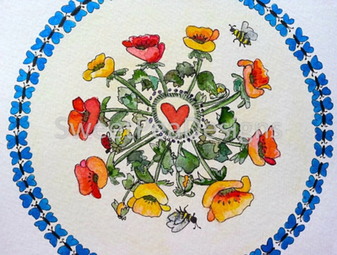 Poppies and Butterflies Mandala Watercolor and Ink Original - Etsy