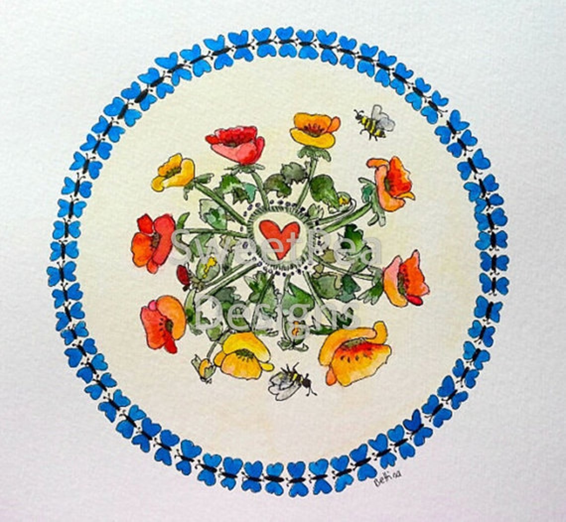 Poppies and Butterflies Mandala Watercolor and Ink Original - Etsy