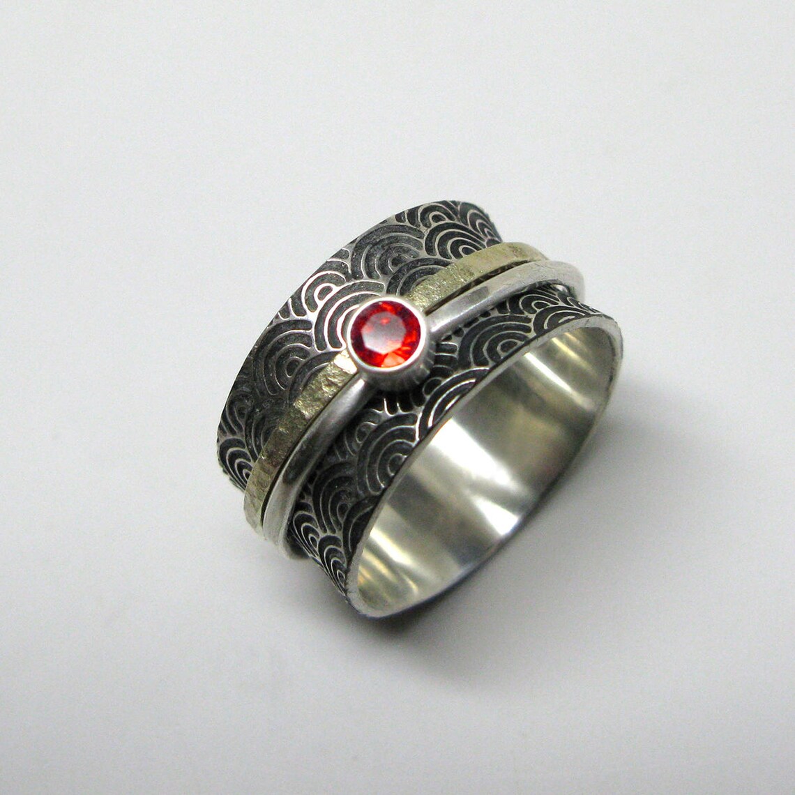 Asian Inspired Water Pattern Sterling Silver and 10k Gold Spinner Ring ...