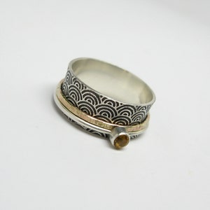 Asian Inspired Water Pattern Sterling Silver and 10k Gold Spinner Ring ...