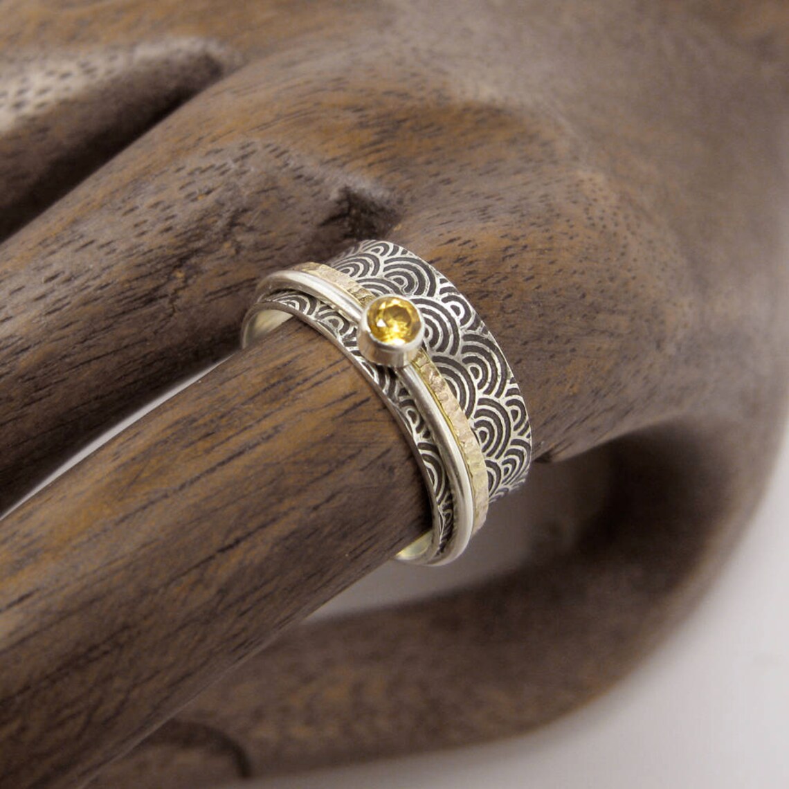 Asian Inspired Water Pattern Sterling Silver and 10k Gold Spinner Ring ...
