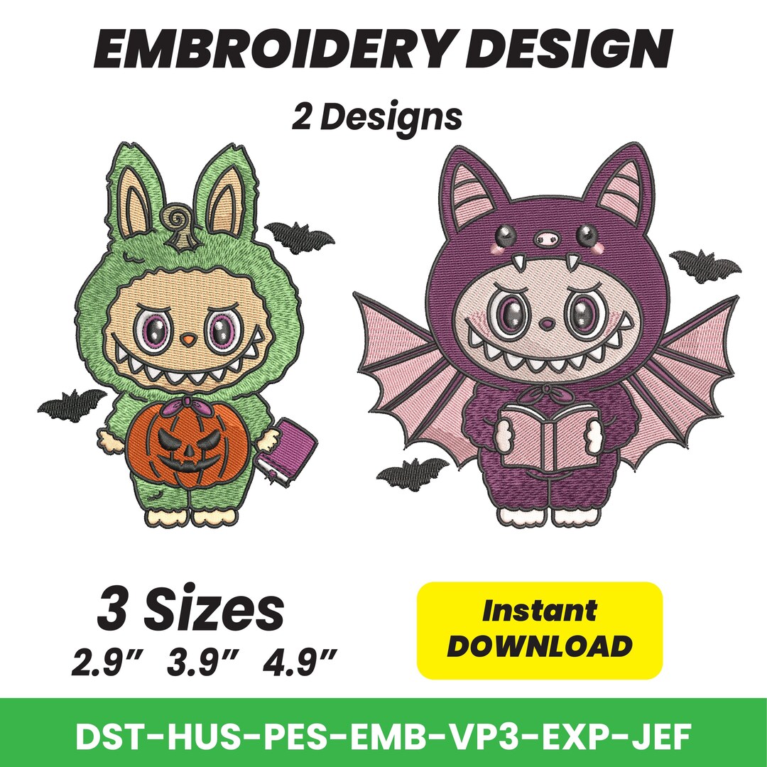Halloween Labubu Bat Costume Embroidery Design, Labubu Pumkin Reading ...